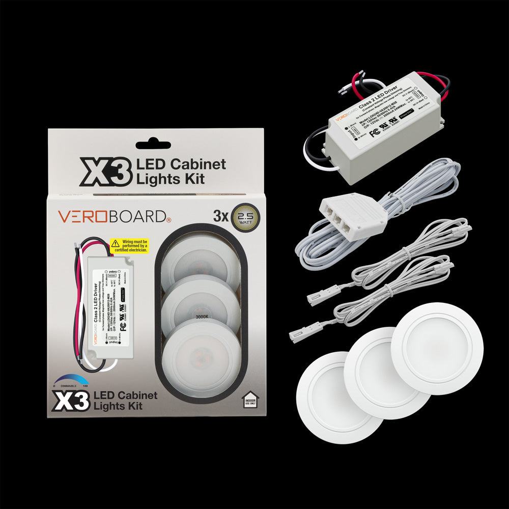 3x Plug-In White Round LED Cabinet Lights Kit